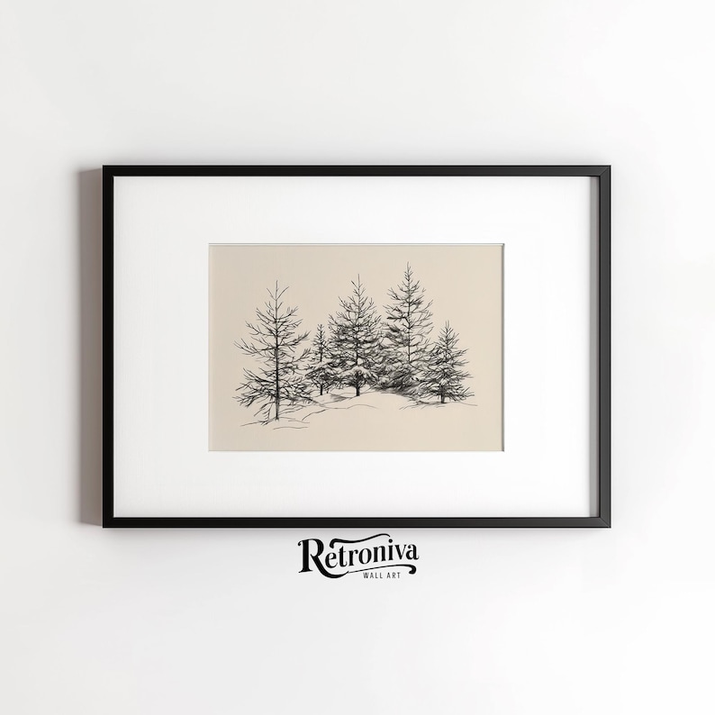Snowy Pine Tree Vintage Sketch Art Print | Christmas Pine Forest Sketch ...
