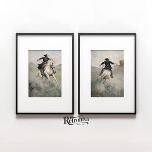 Cowbow Riding a Grumpy Horse Antique Western Wall Art Pair | Set of 2 ...
