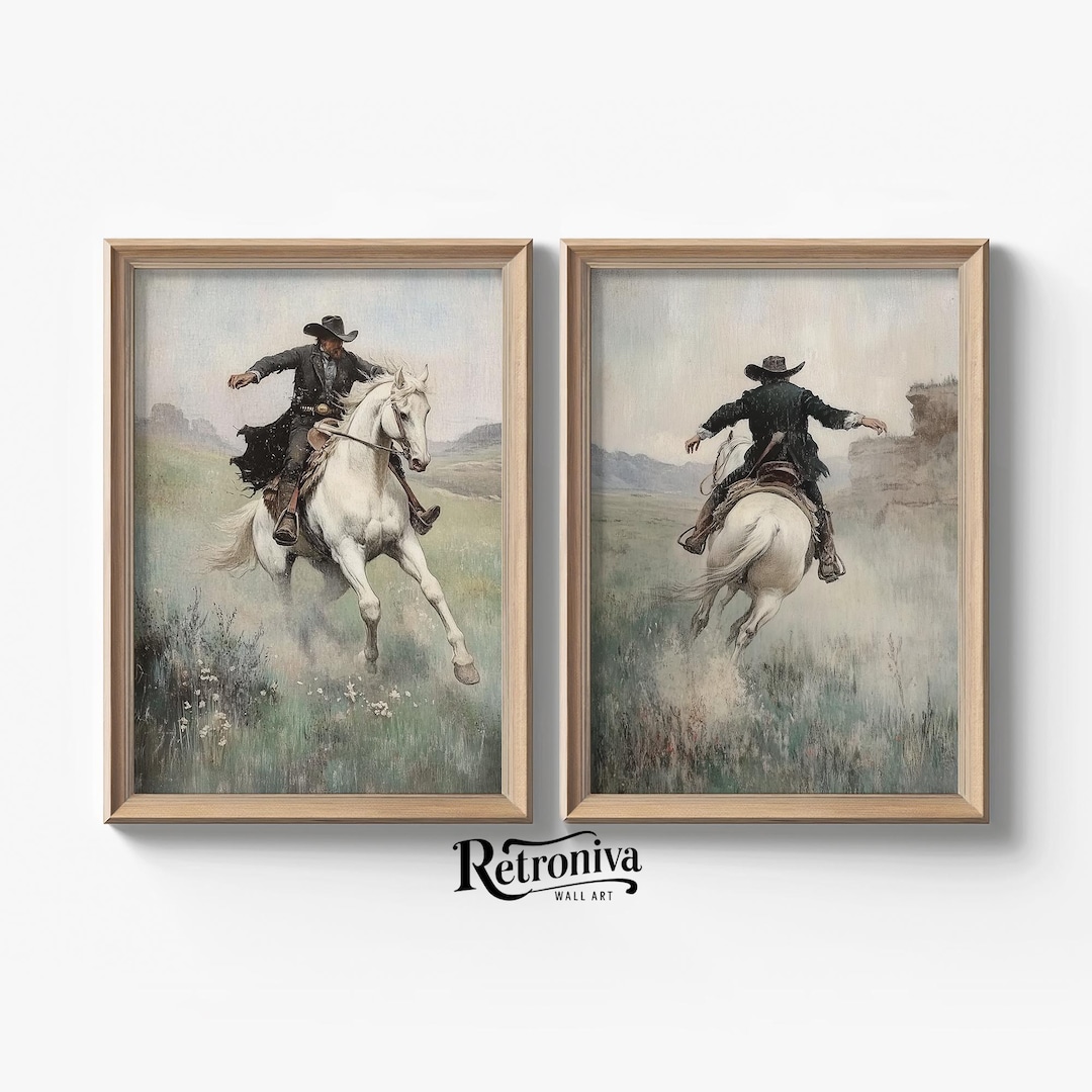 Cowbow Riding a Grumpy Horse Antique Western Wall Art Pair | Set of 2 ...