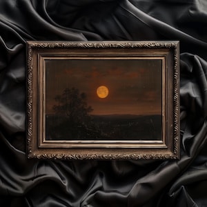 Orange Moon Landscape Vintage Oil Painting | Moonlight Scene Antique ...