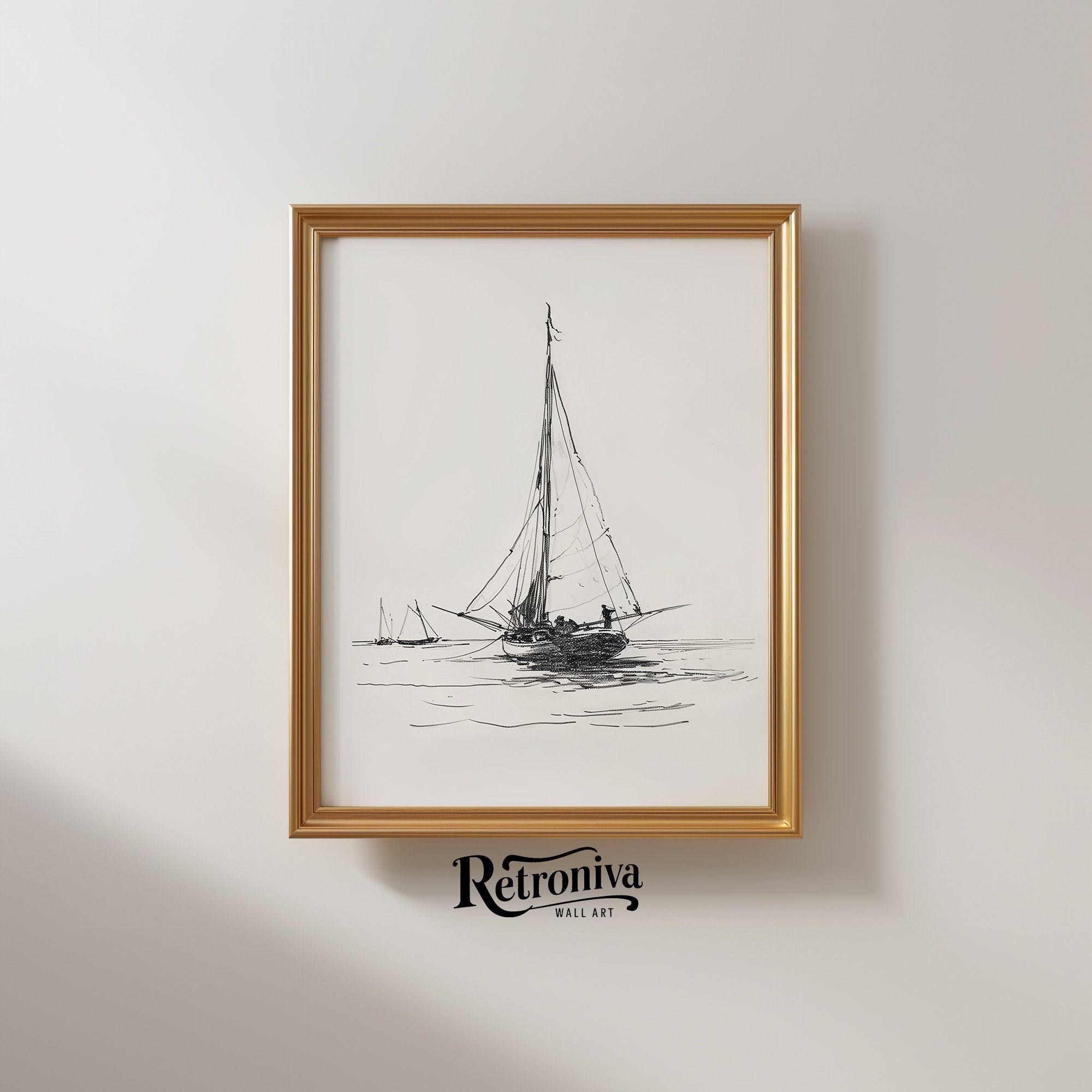 Sailboats at Sea Sketch Drawing Nautical Wall Art Neutral Tones ...