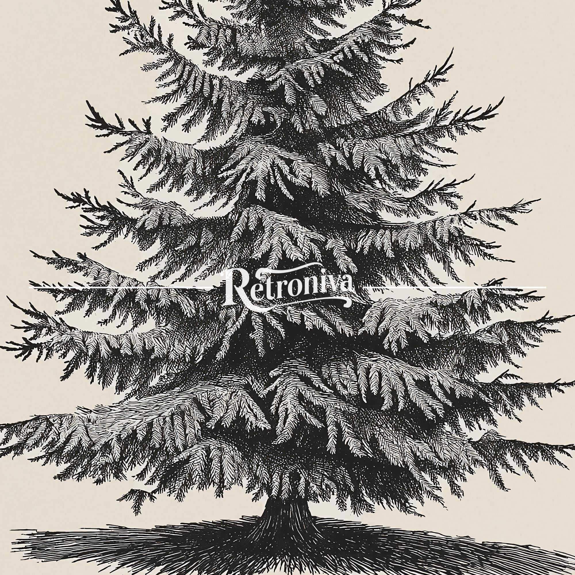 Vintage Evergreen Tree Winter Branch Sketch Drawing Gallery Set ...