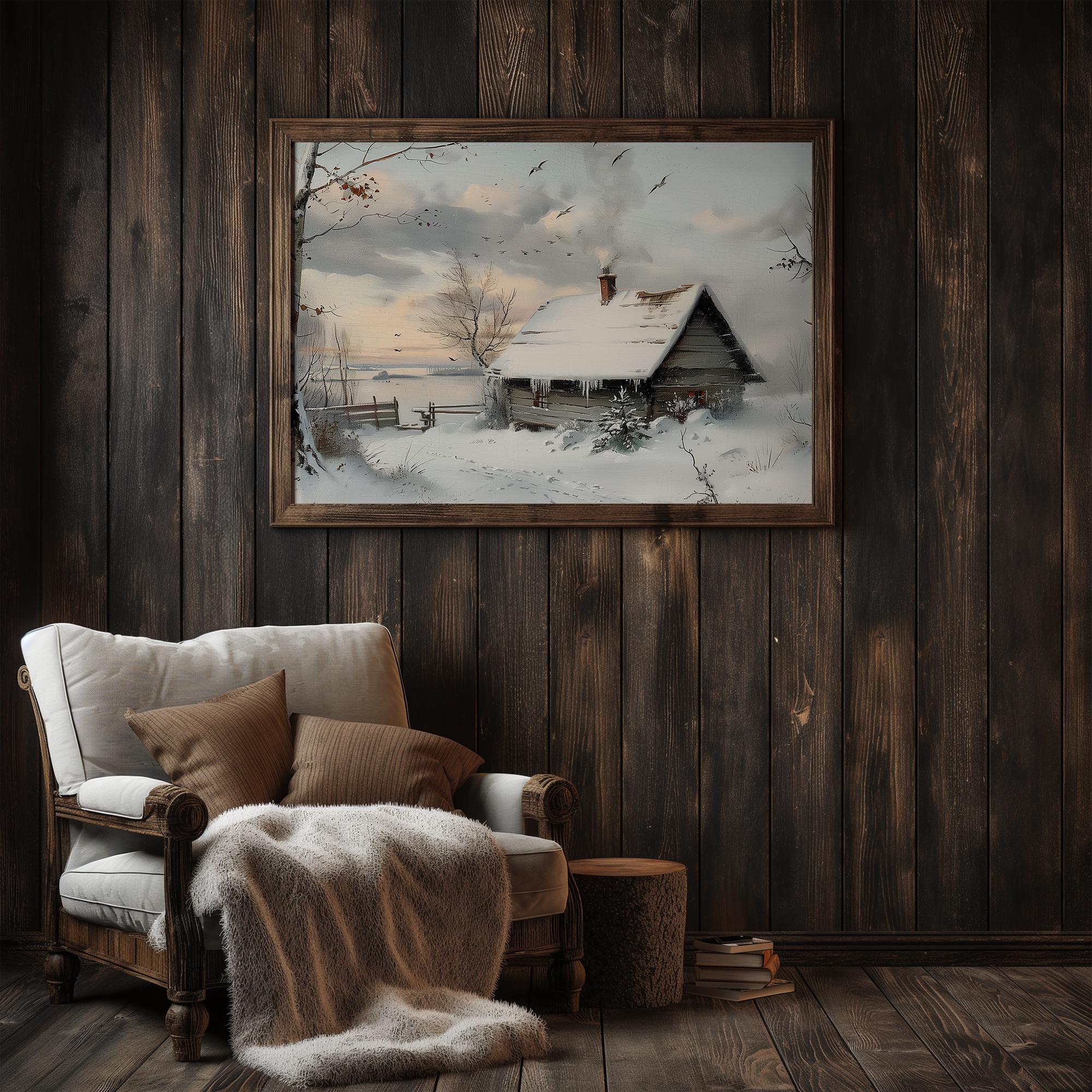 Rustic Snowy Country Cottage Winter Landscape Vintage Painting | Winter ...