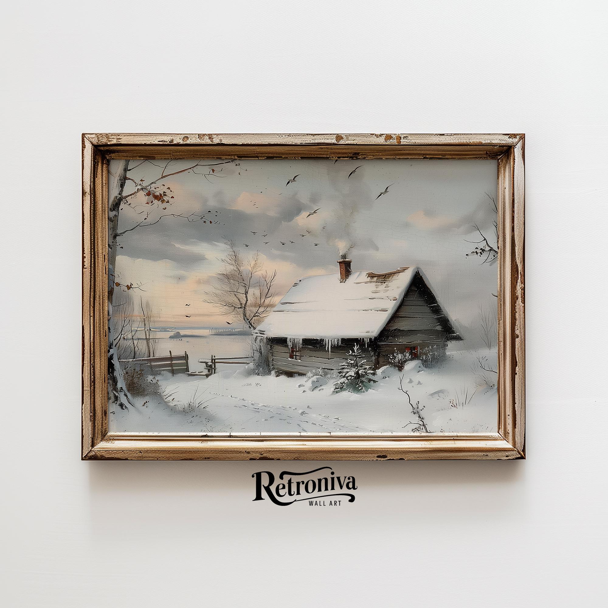 Rustic Snowy Country Cottage Winter Landscape Vintage Painting | Winter ...