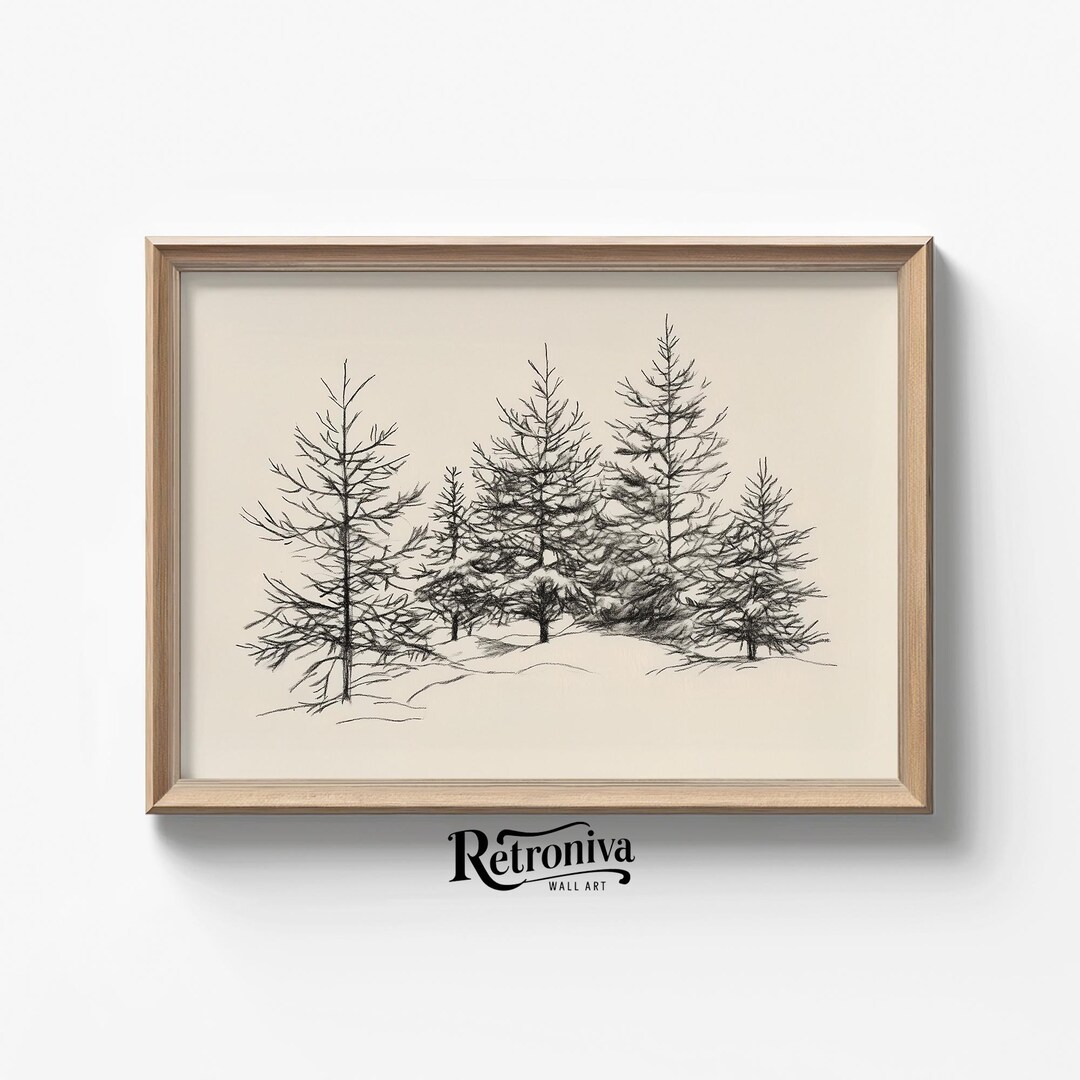 Snowy Pine Tree Vintage Sketch Art Print | Christmas Pine Forest Sketch ...
