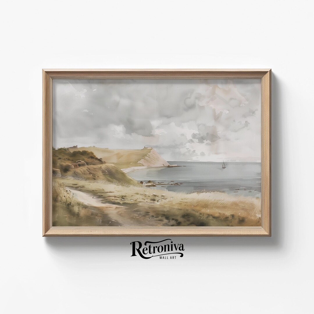 Muted Seaside Landscape Watercolor Painting | Coastal Seascape Nautical ...