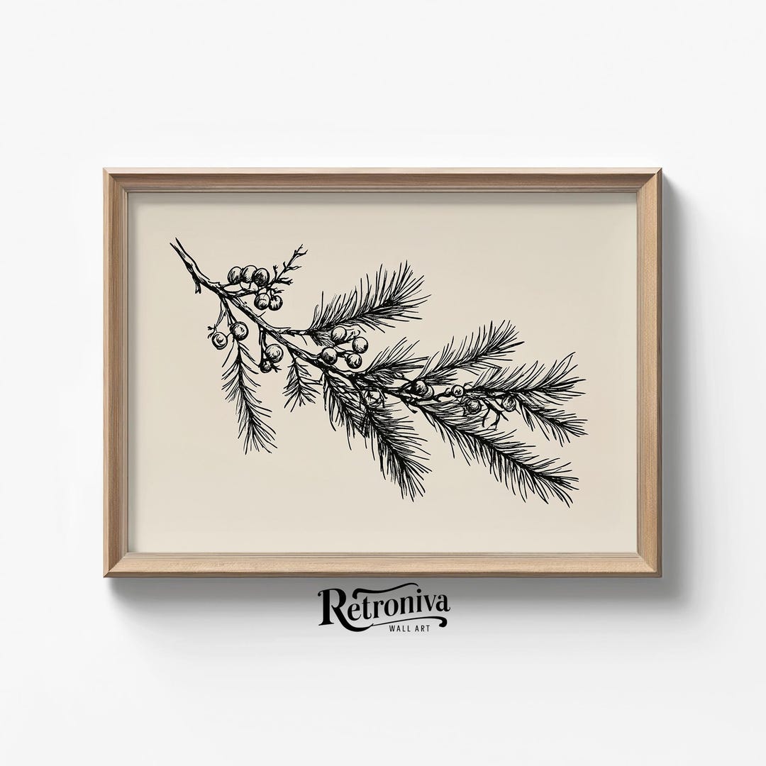 Winter Branch Sketch Drawing Vintage Minimalist Wall Art | Neutral ...