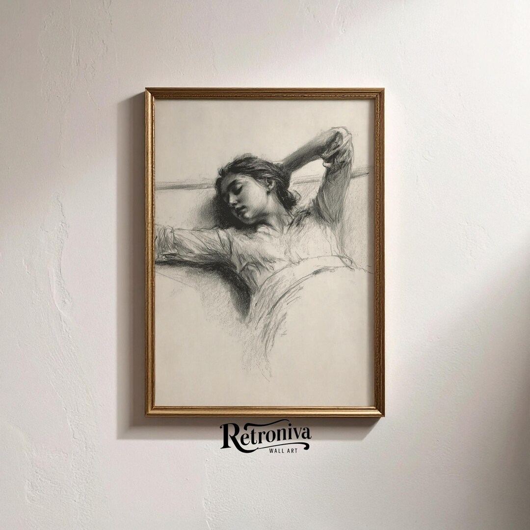 Sleeping Woman Drawing Vintage Pencil Sketch Print | Antique Female ...