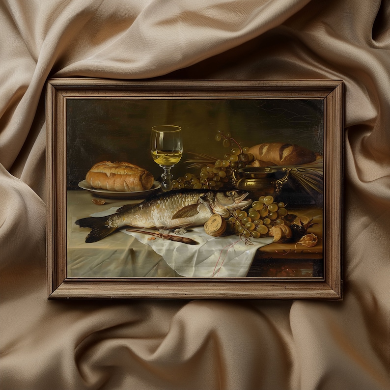 Sea Food Painting Vintage Still Life Kitchen Wall Art Fish and Wine Oil ...