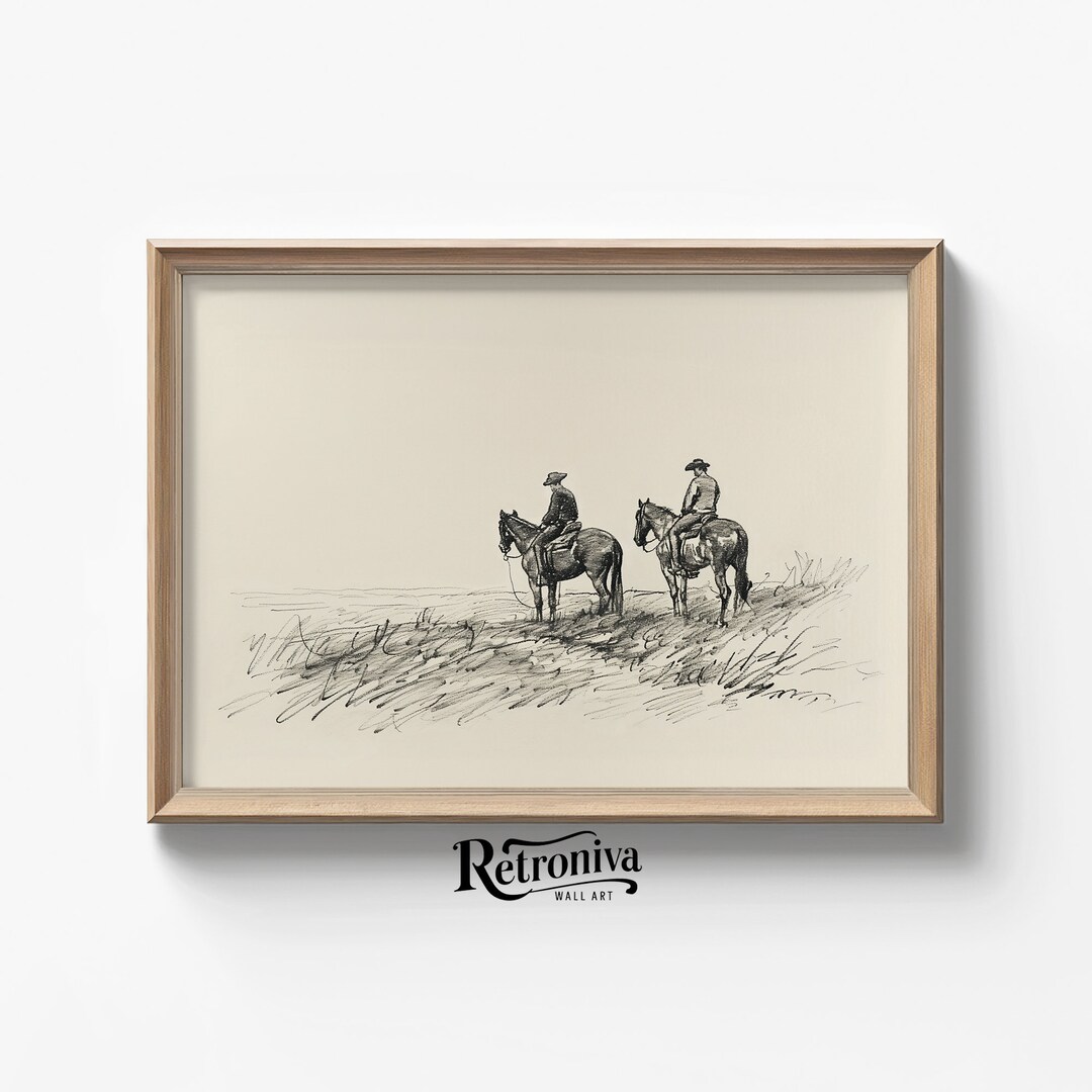 Cowboys on Horses Sketch Print Western Wall Art | Vintage Horse Sketch ...