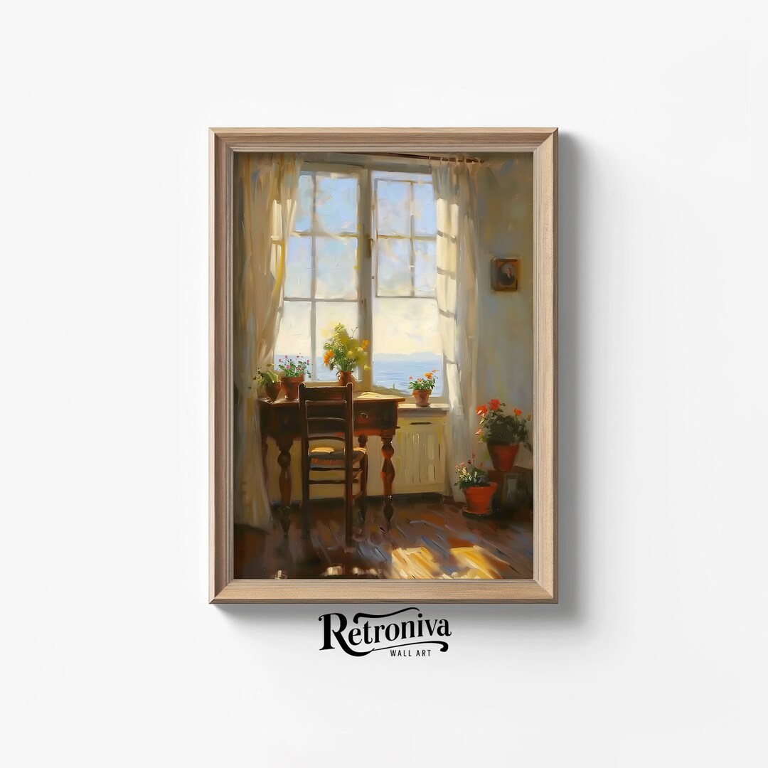 Vintage Summer Interior Scene Painting | Oil Painting Sunlit Sea View ...