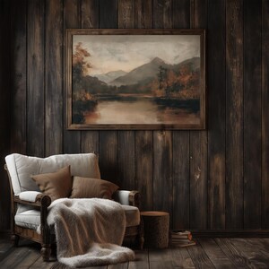 Antique Rustic Fall Lake Landscape Vintage Autumn Painting | Moody ...