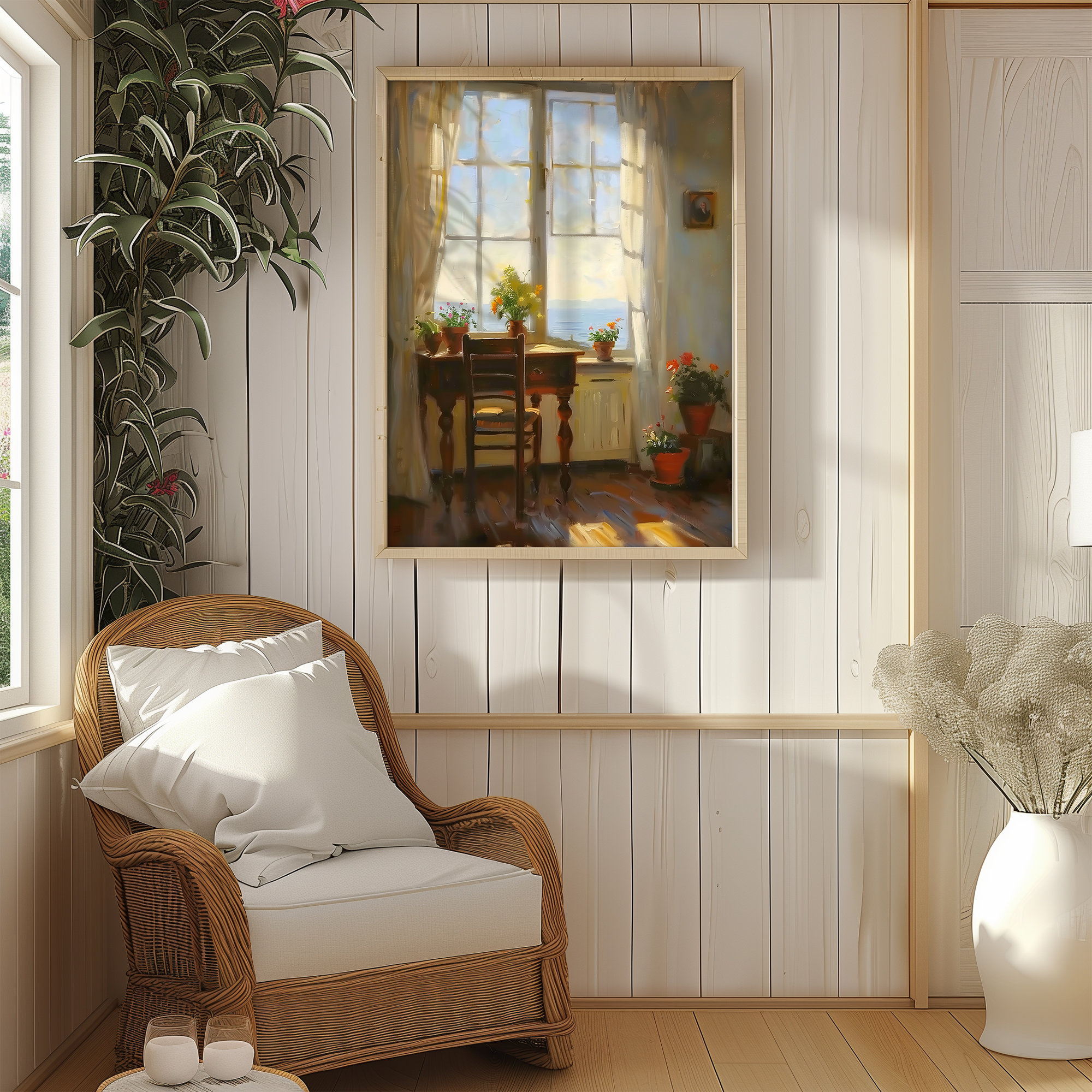 Vintage Summer Interior Scene Painting | Oil Painting Sunlit Sea View ...