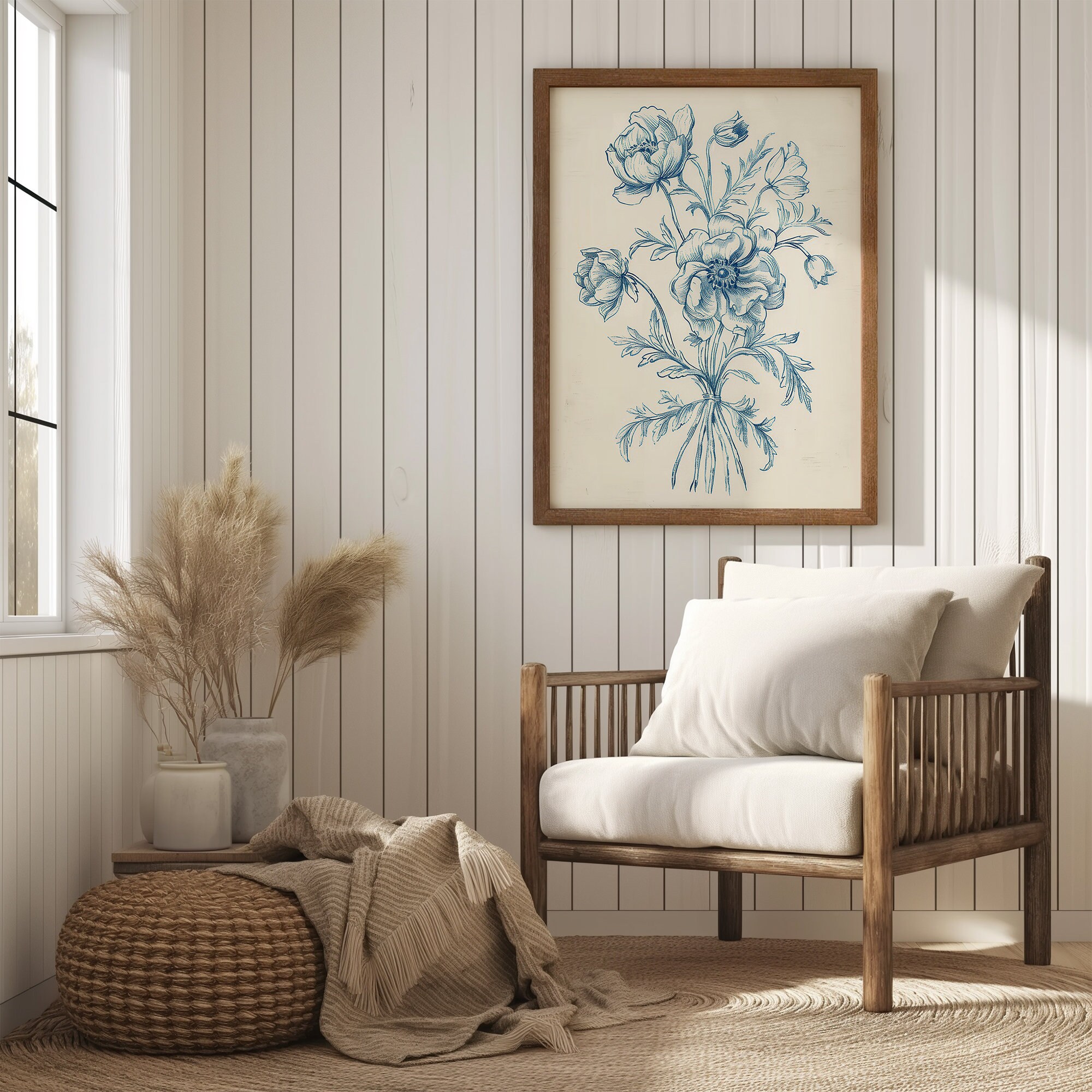 Vintage Blue Flower Bouquet Sketch Art Print | Antique Flower Drawing ...