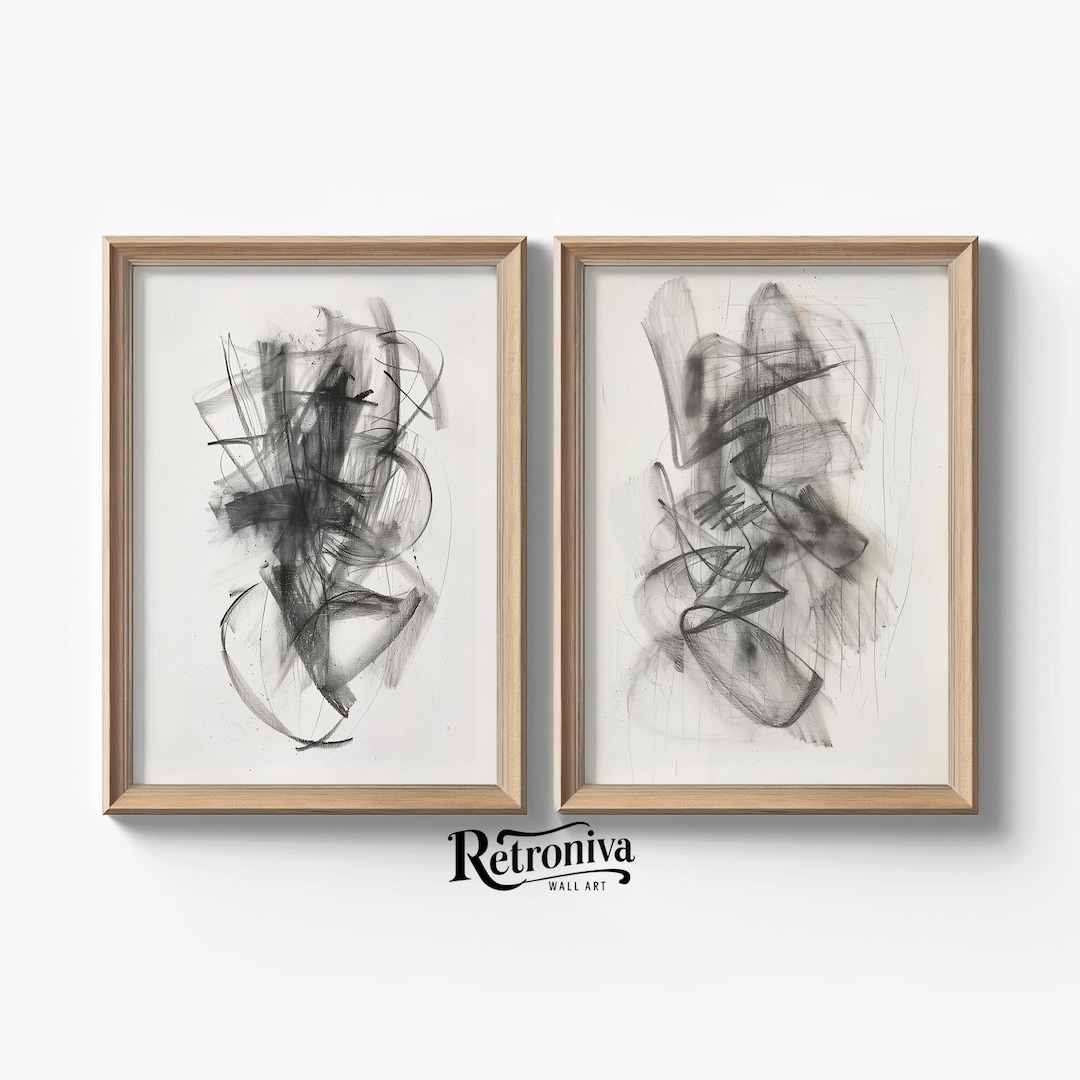 Abstract Chaos Sketch Drawing Wall Art Set | Minimalist Charcoal ...