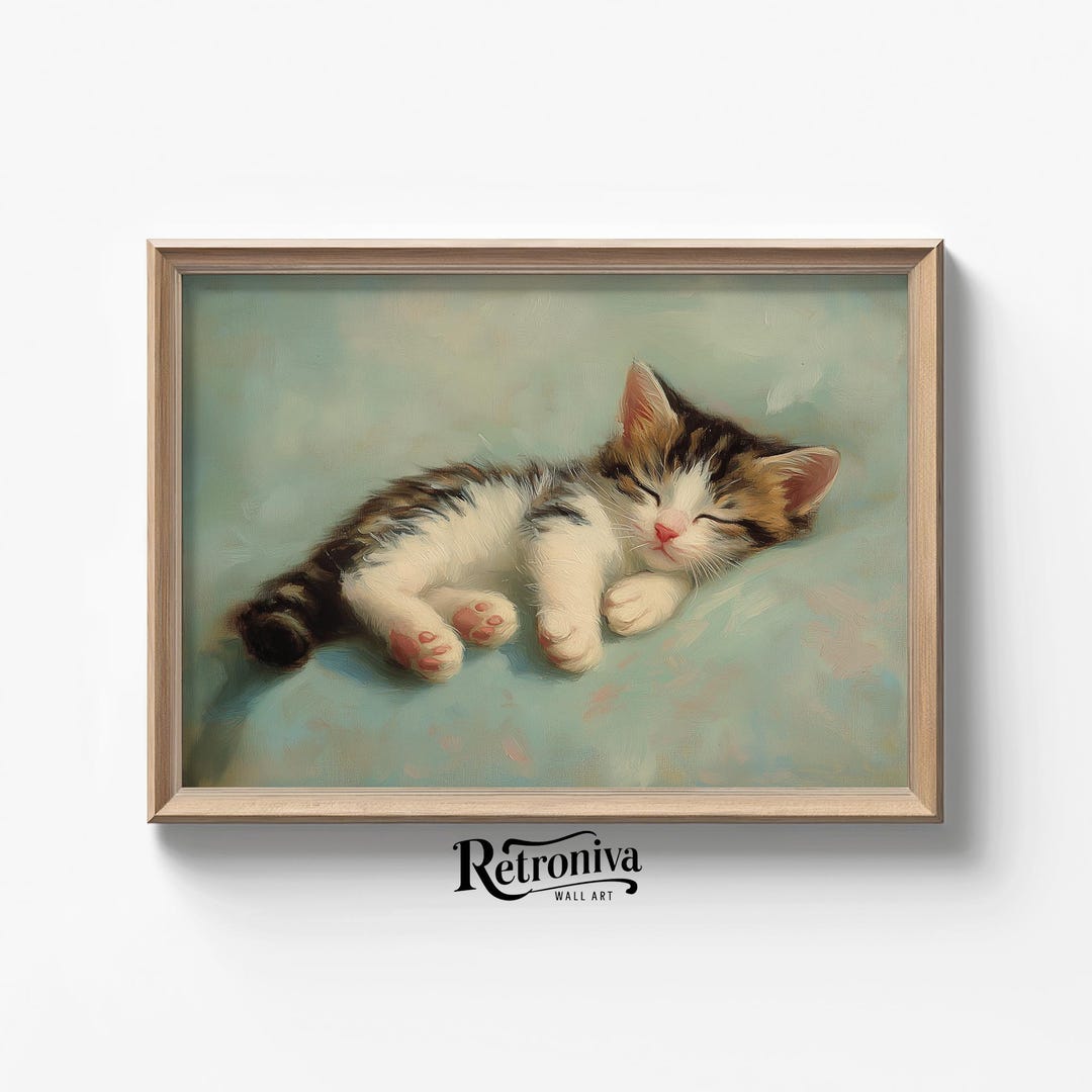 Cute Kitty Asleep on Pillow Vintage Oil Painting | Sleepy Cat Portrait ...
