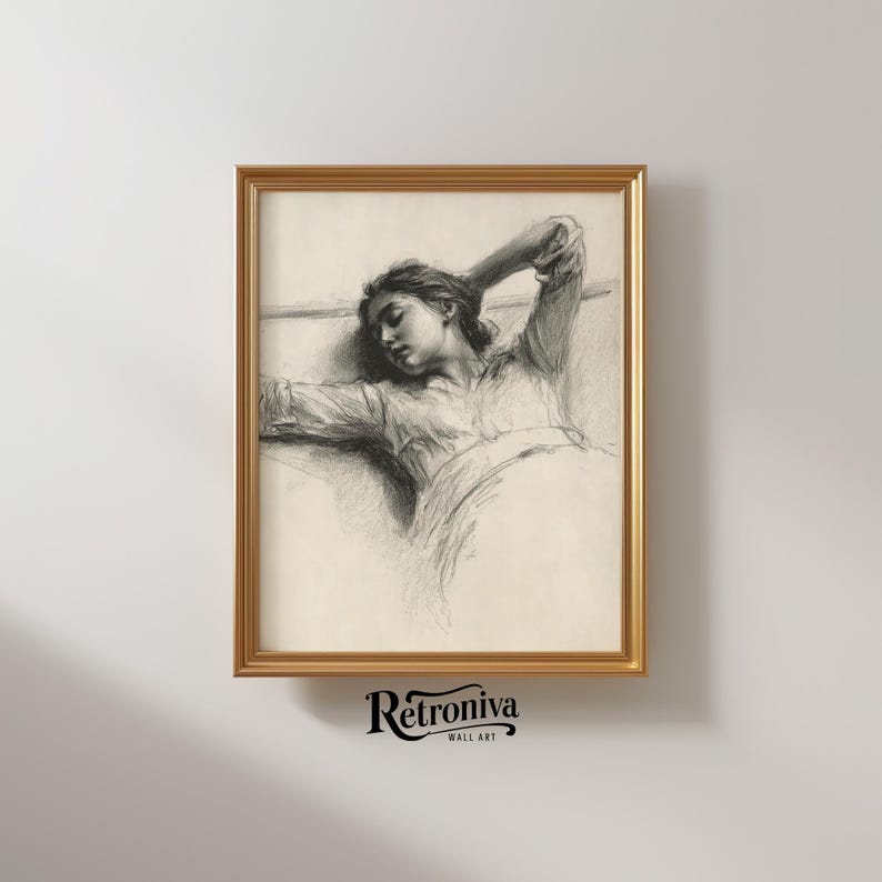 Sleeping Woman Drawing Vintage Pencil Sketch Print | Antique Female ...