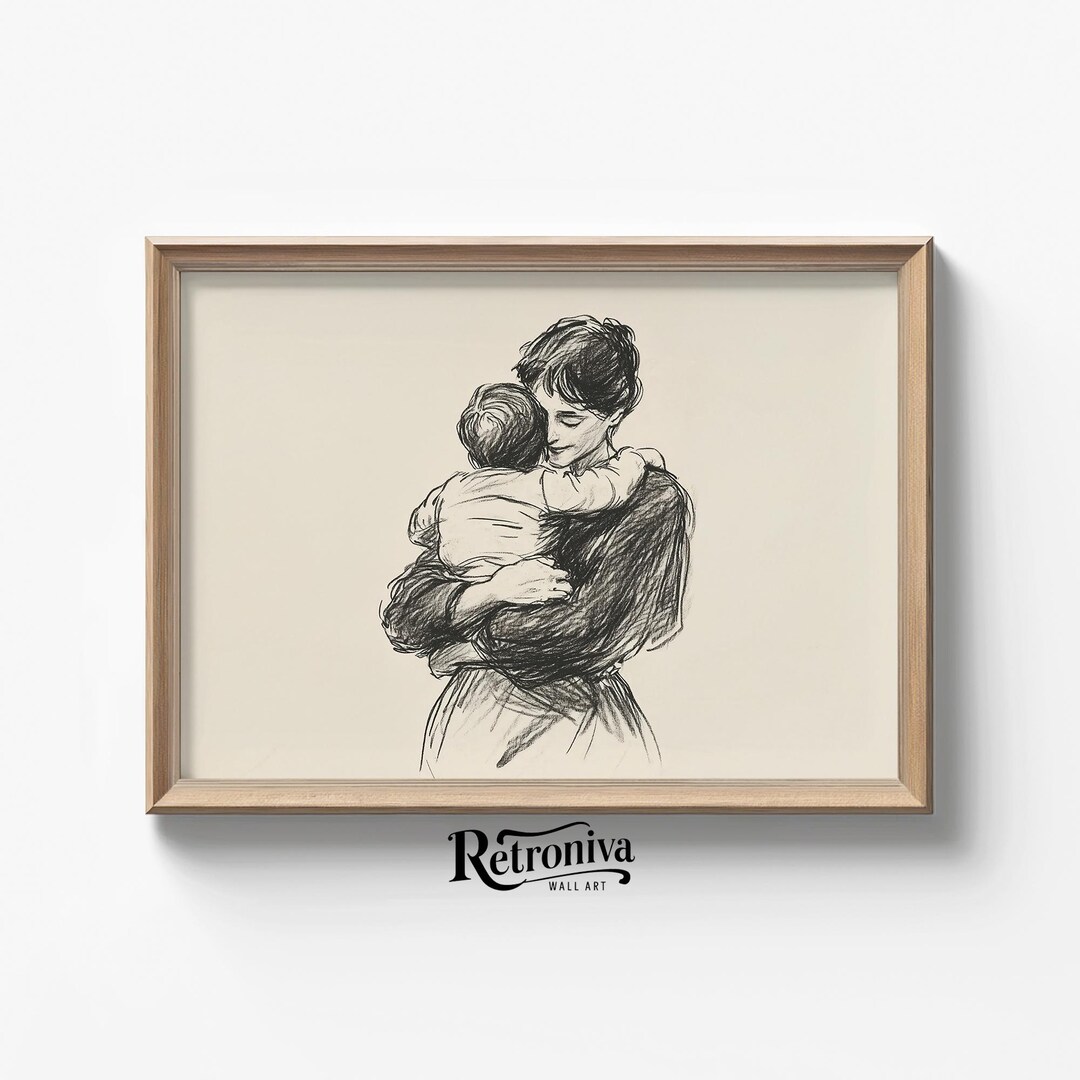 Baby Cuddling With Mom Vintage Sketch Art Print Nursery Wall Decor ...