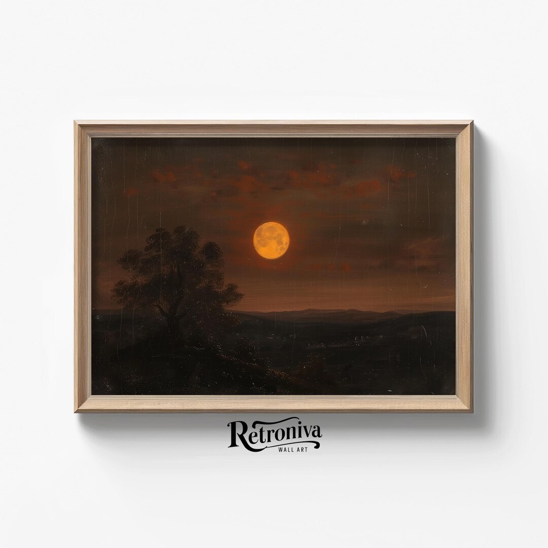 Orange Moon Landscape Vintage Oil Painting | Moonlight Scene Antique ...
