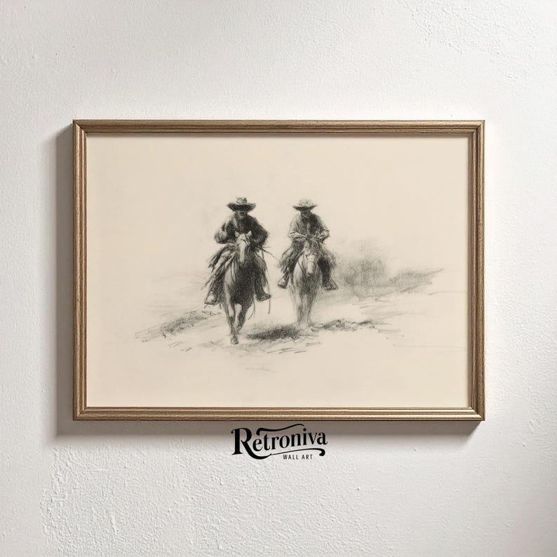 Western Cowboy Art Print Rustic Sketch Horse Wall Art | Vintage Drawing ...