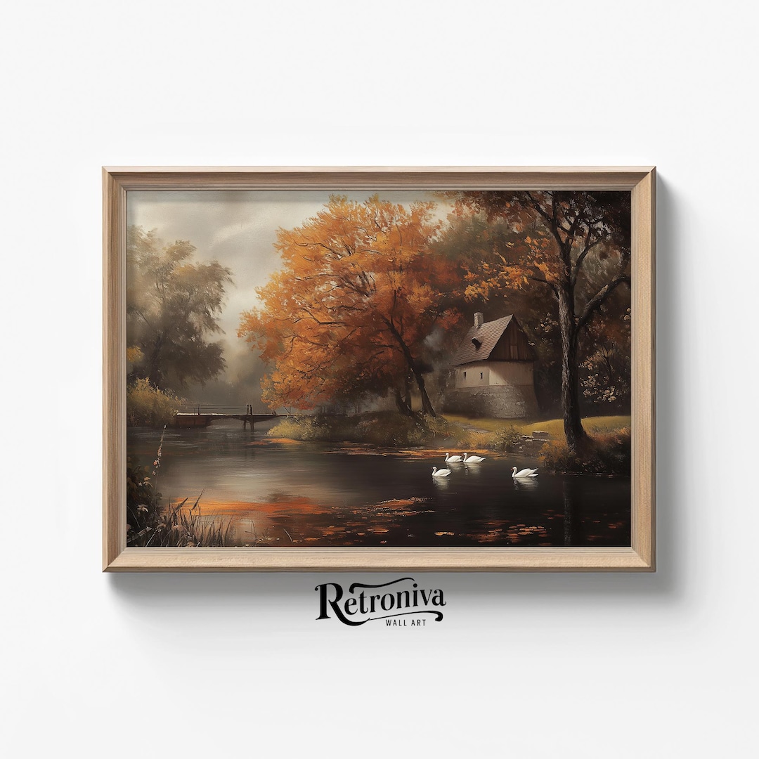 Muted Fall Landscape Oil Painting Vintage Country Farmhouse Wall Decor ...