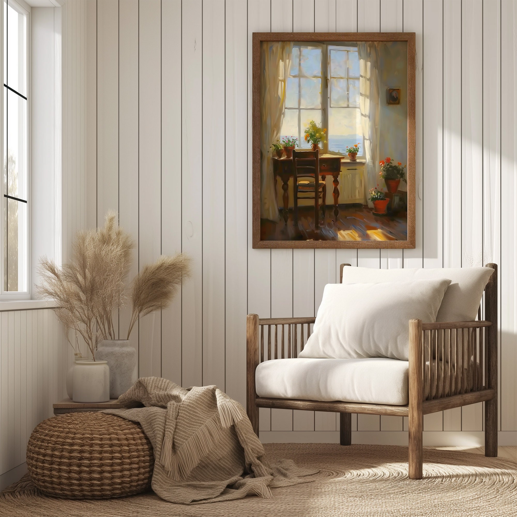 Vintage Summer Interior Scene Painting | Oil Painting Sunlit Sea View ...