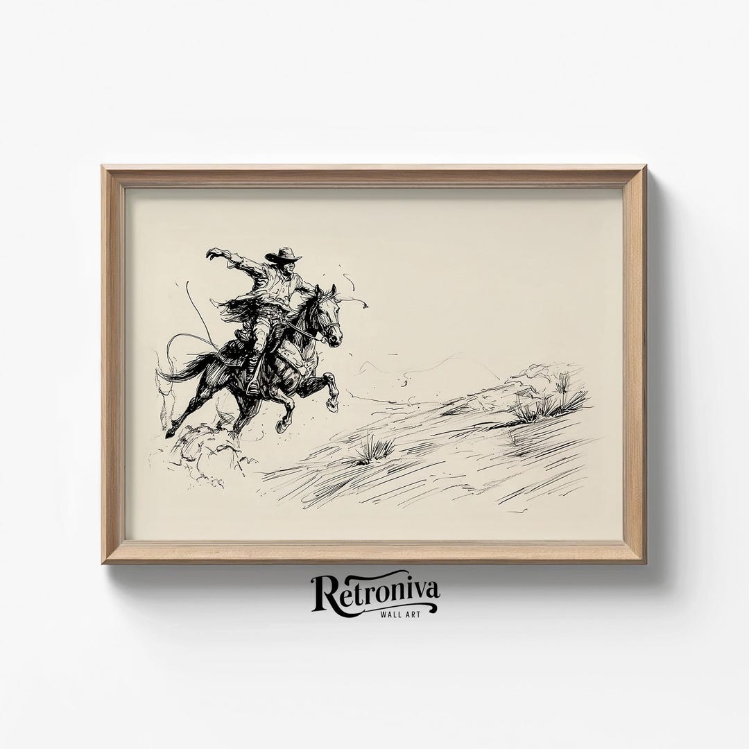 Vintage Cowboy Rodeo Landscape Sketch Wall Art | Horse Sketch Art Print ...