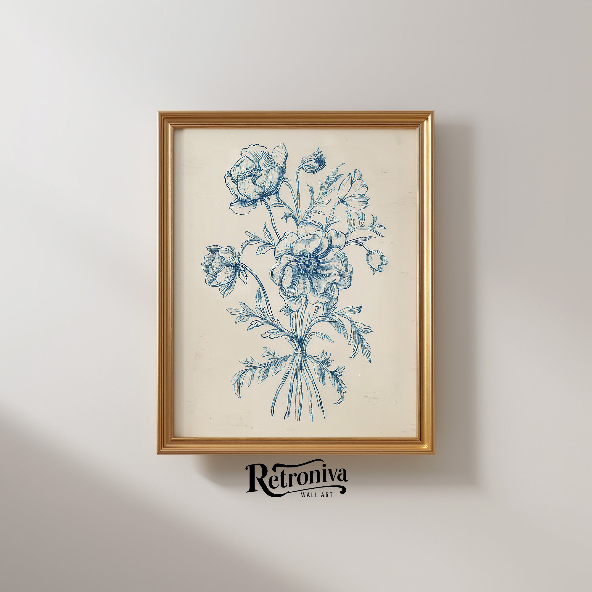 Vintage Blue Flower Bouquet Sketch Art Print Antique Flower Drawing ...