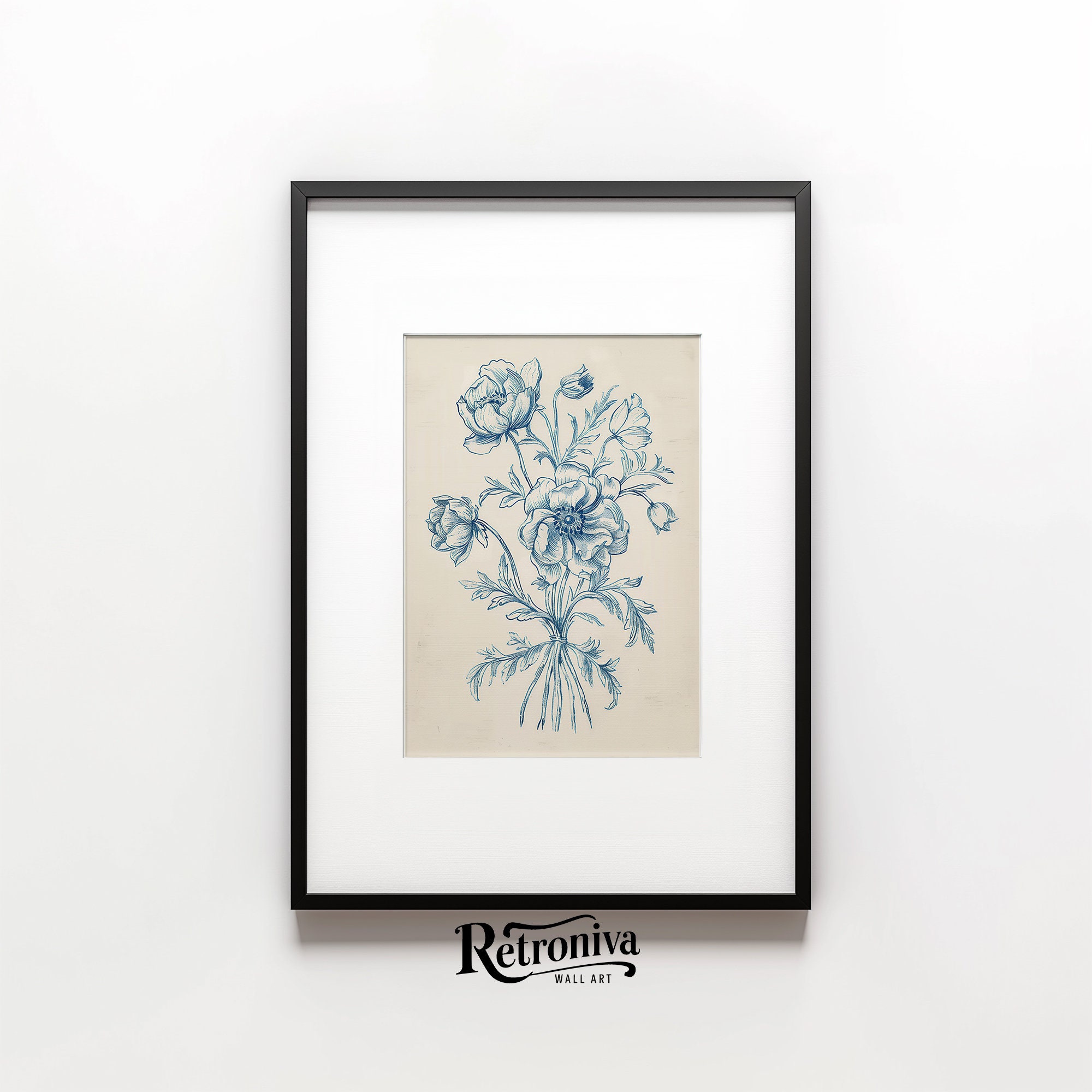 Vintage Blue Flower Bouquet Sketch Art Print Antique Flower Drawing ...