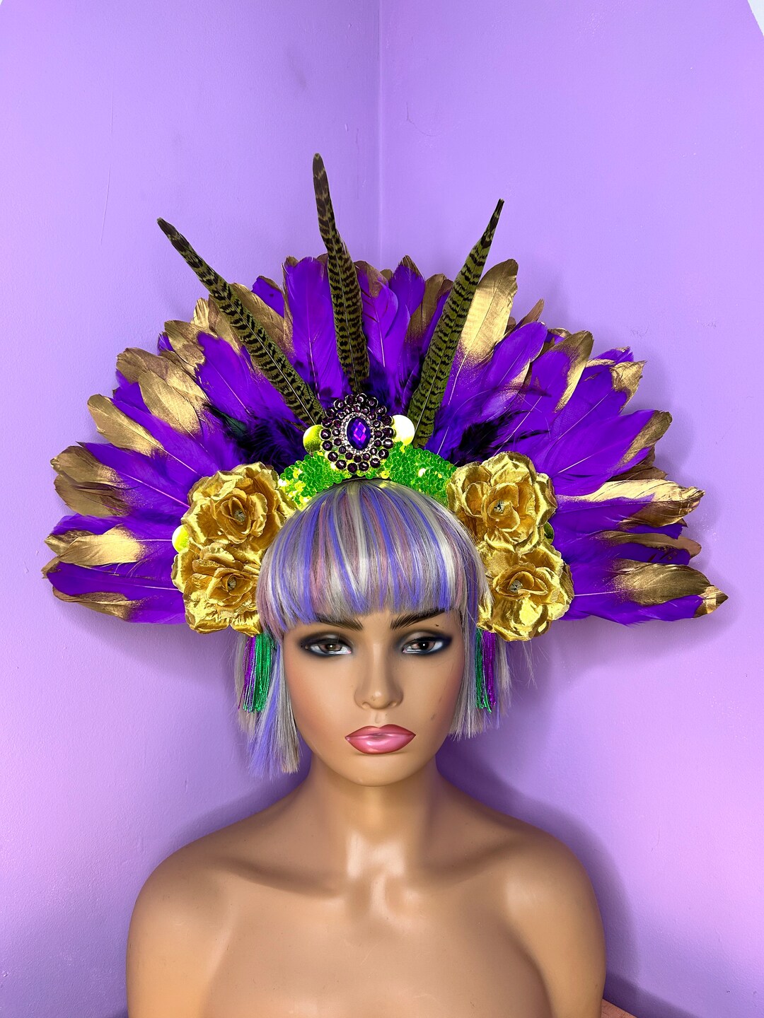 Purple and Gold Feather Crown Festival Head Dress Piece Flower Crown - Etsy
