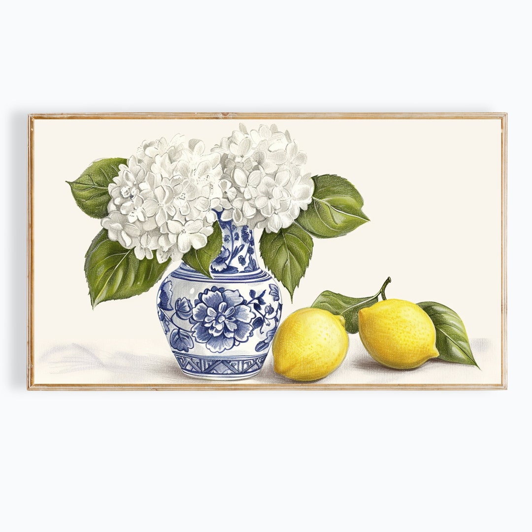 Grand Millennial Eclectic Hydrangeas & Lemons Chinoiserie Drawing Still ...