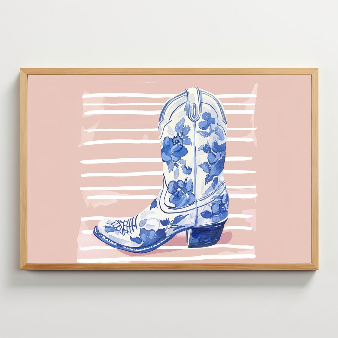 Grand Millennial Chinoiserie Cowboy Boot Cowgirl Watercolor Pink & Blue ...