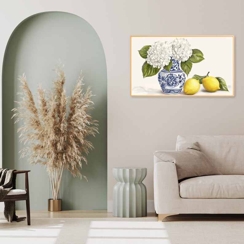 Grand Millennial Eclectic Hydrangeas & Lemons Chinoiserie Drawing Still ...