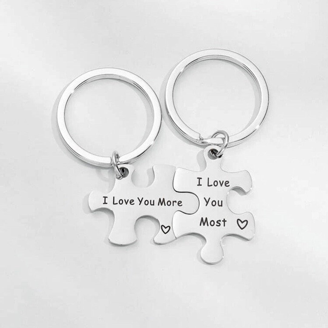 2 Puzzle Piece Keyring Set. I Love You More. I Love You Most. Metal ...