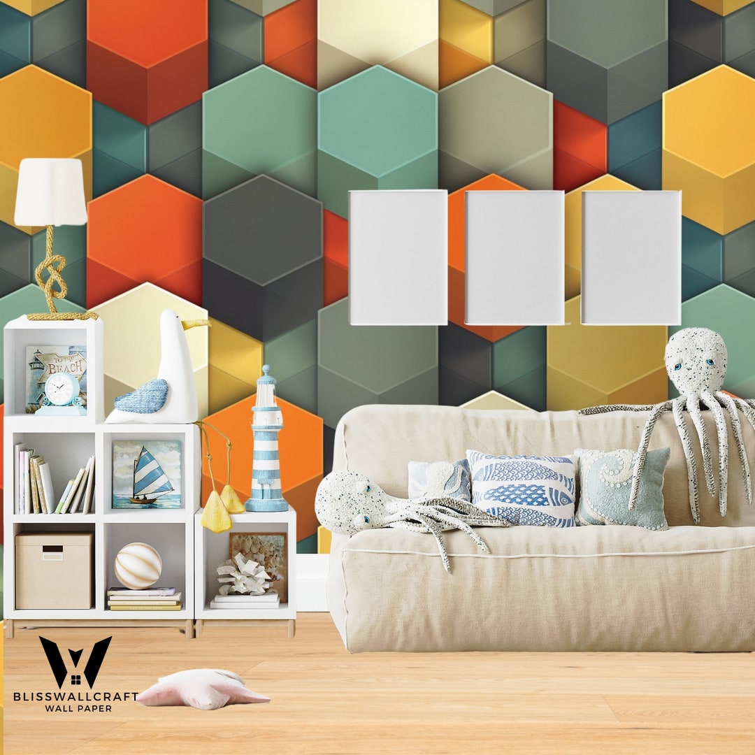 Colorful Hexagonal Pattern Wallpaper, Vintage Peel and Stick Wallpaper ...