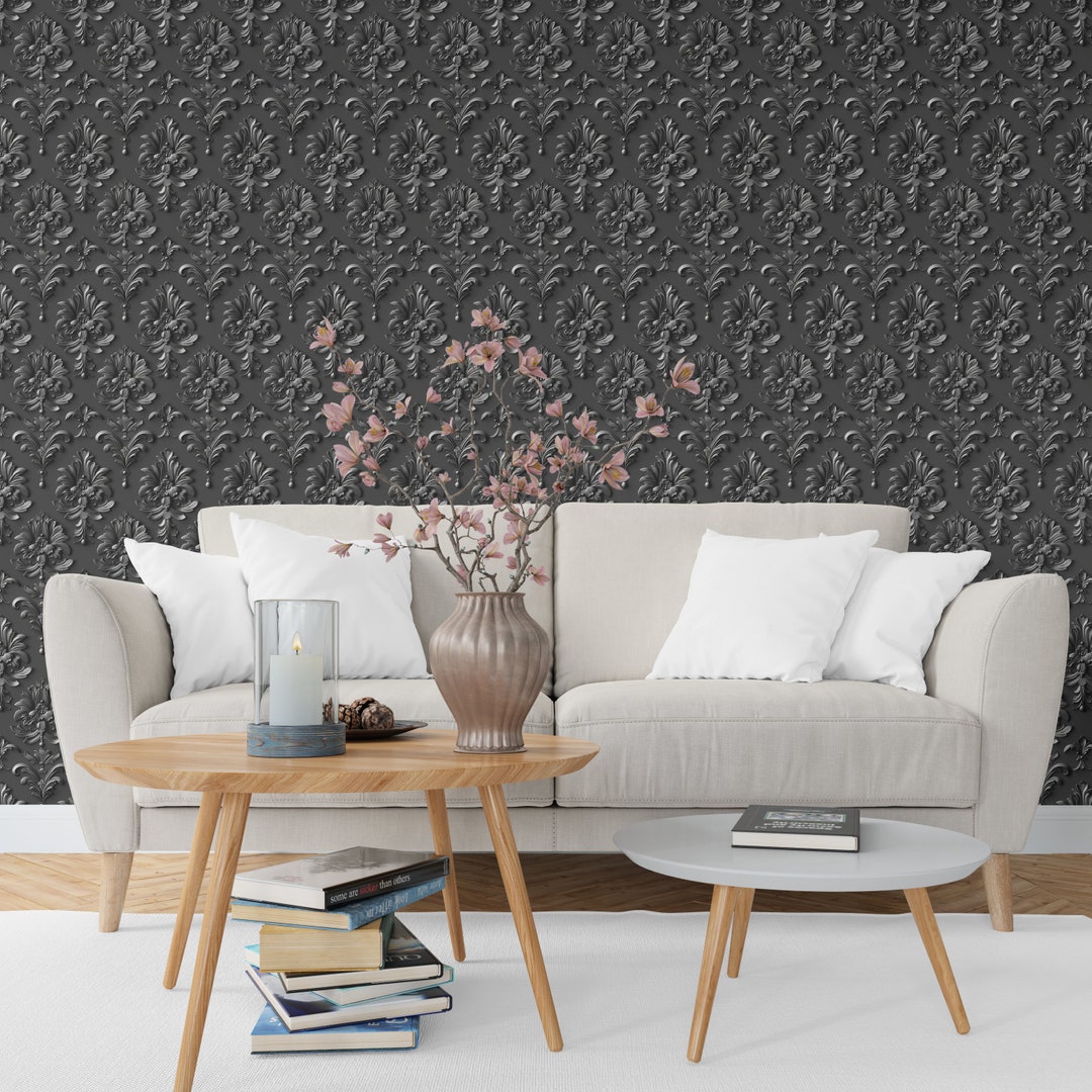 Vintage Black Damask Pattern Wallpaper, Floral Peel and Stick Wallpaper ...