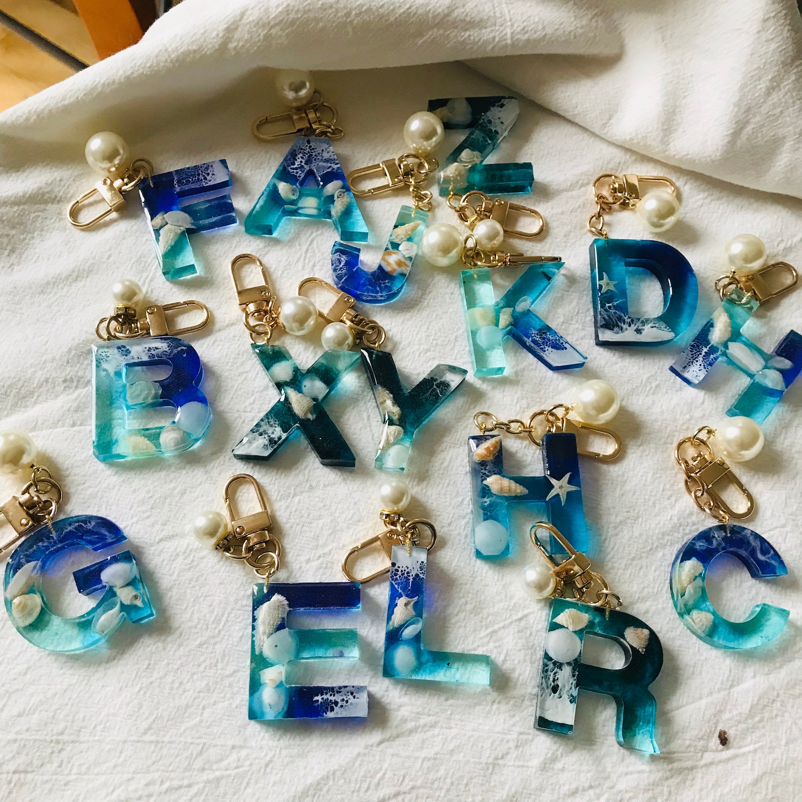 Handmade Resin Art Ocean Personalized Alphabet Keychain, Letter Initial ...
