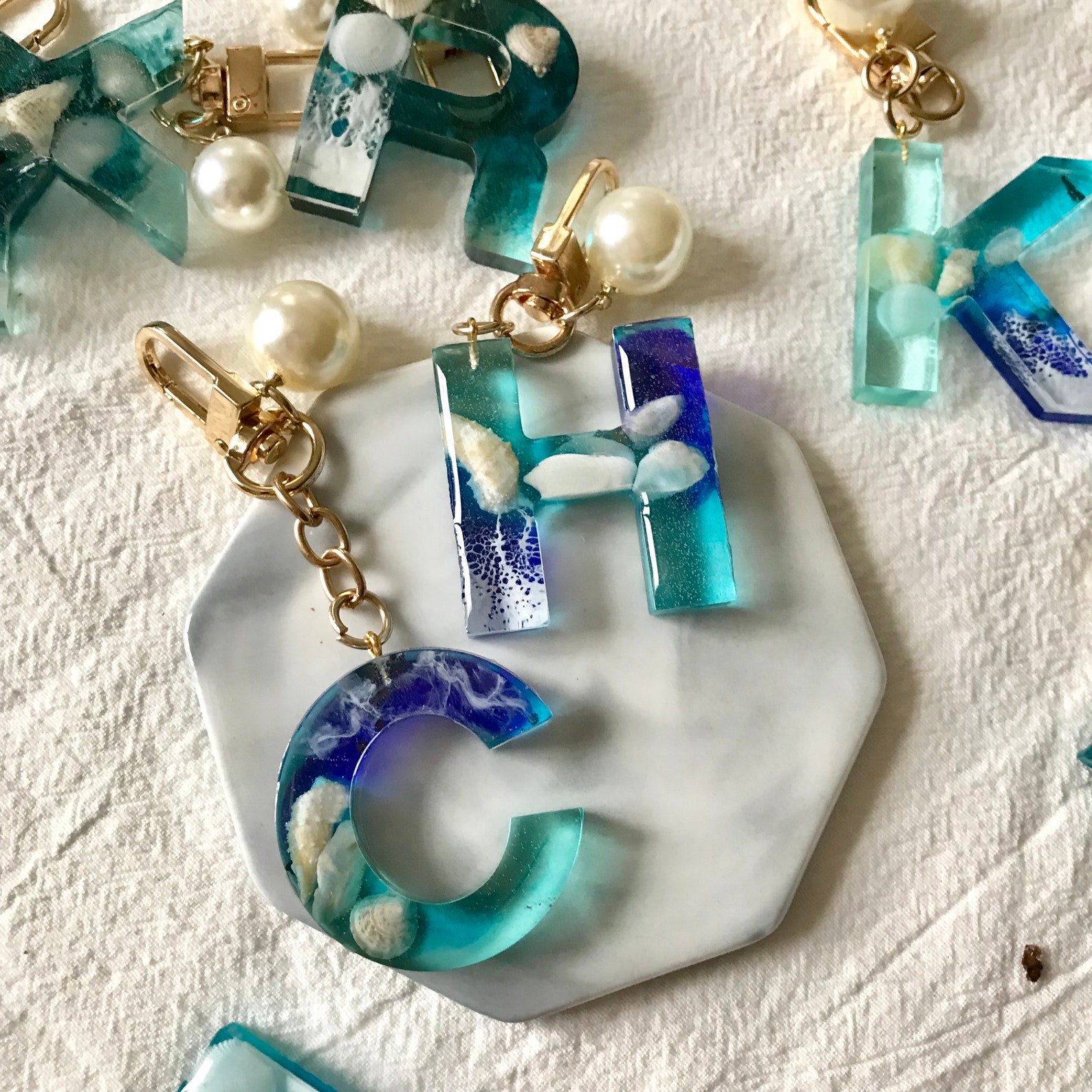 Handmade Resin Art Ocean Personalized Alphabet Keychain, Letter Initial ...