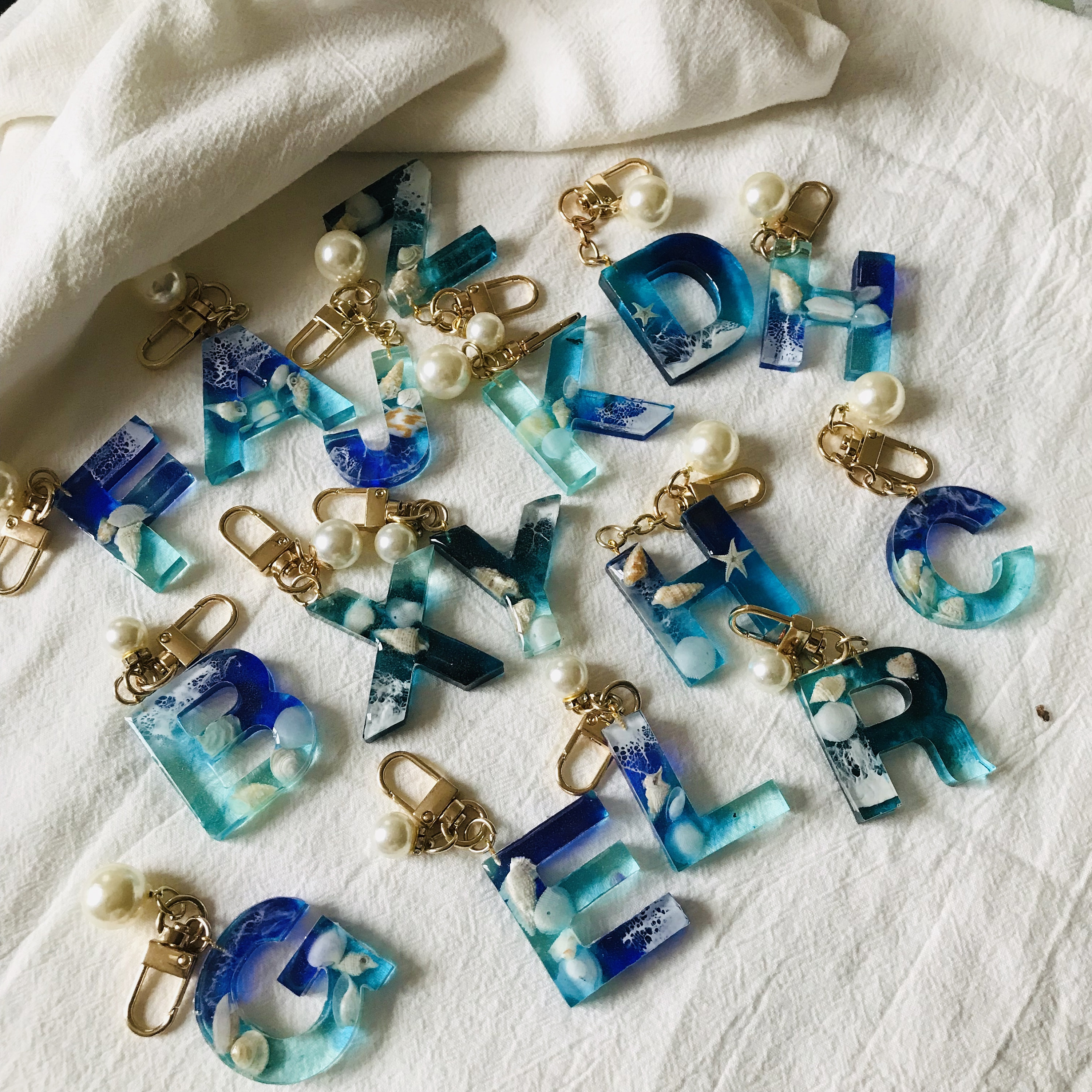 Handmade Resin Art Ocean Personalized Alphabet Keychain, Letter Initial ...