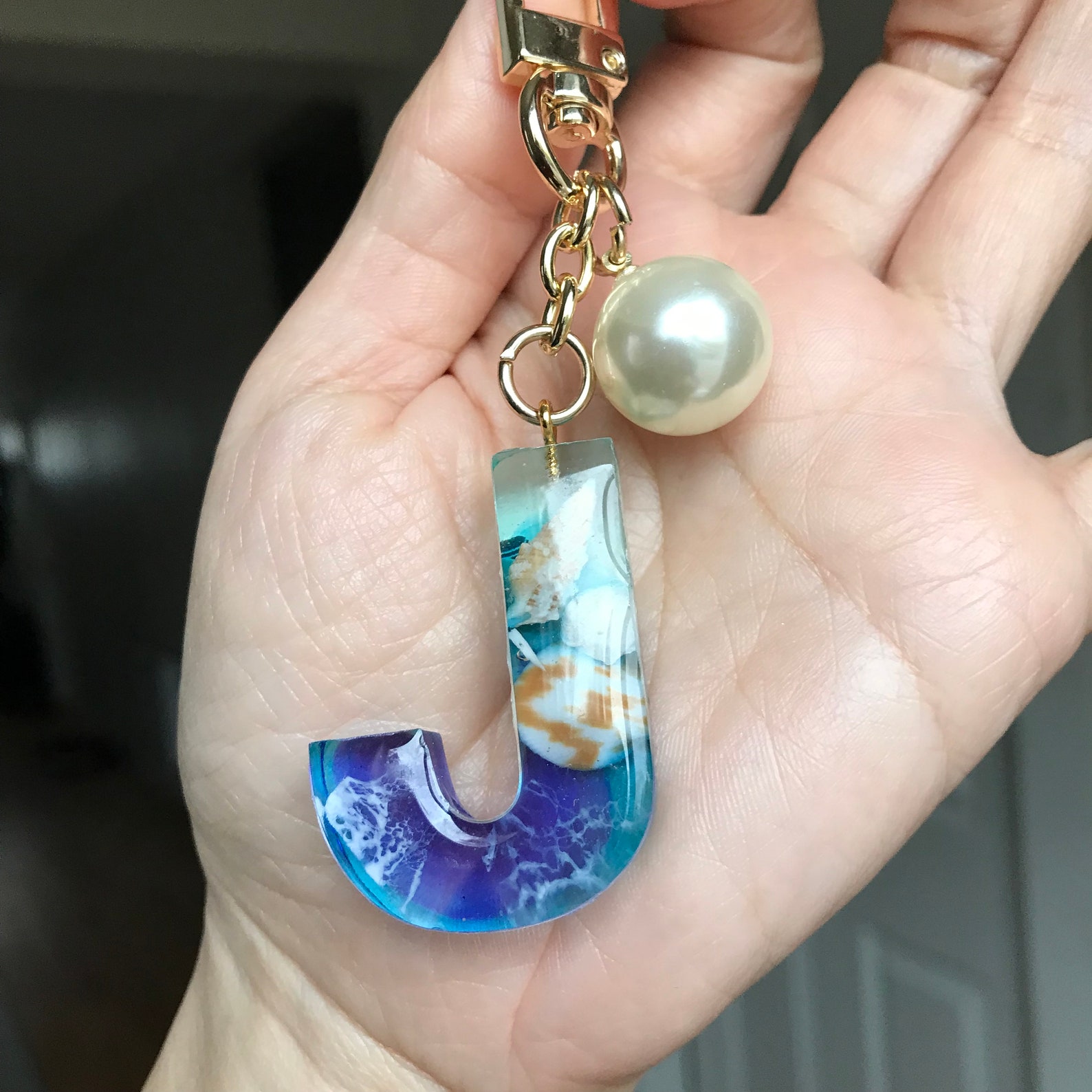 Handmade Resin Art Ocean Personalized Alphabet Keychain, Letter Initial ...