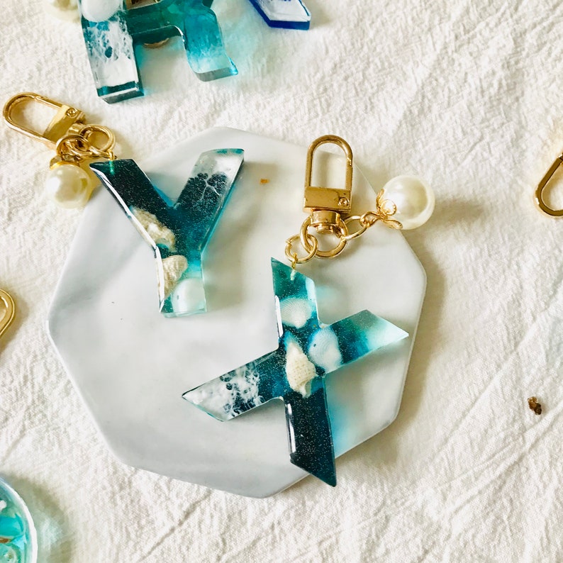 Handmade Resin Art Ocean Personalized Alphabet Keychain, Letter Initial ...