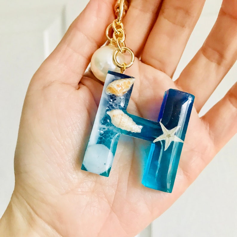 Handmade Resin Art Ocean Personalized Alphabet Keychain, Letter Initial ...