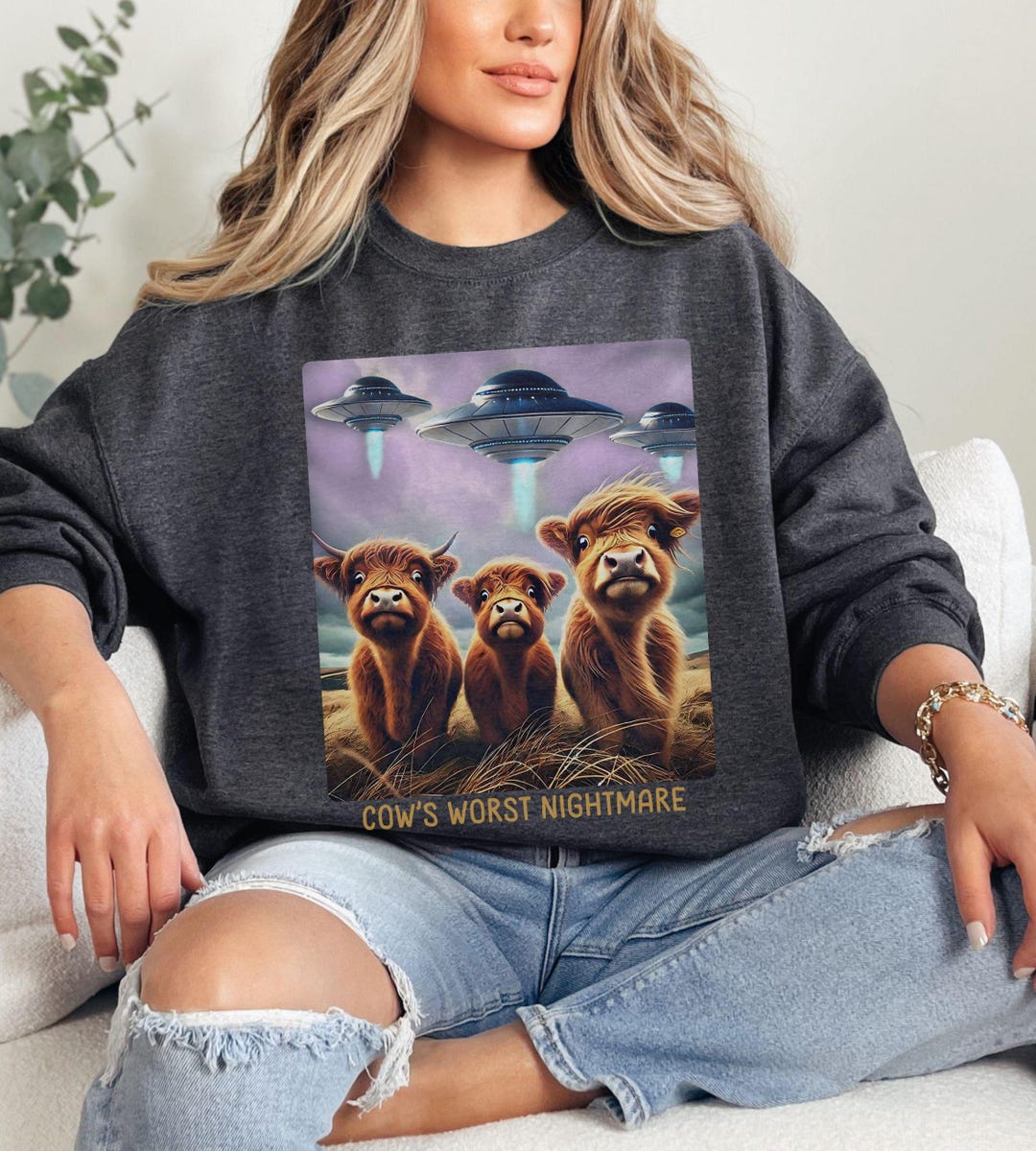 Cow's Worst Nightmare Funny Highland Cow Alien Drone Shirt Flying ...