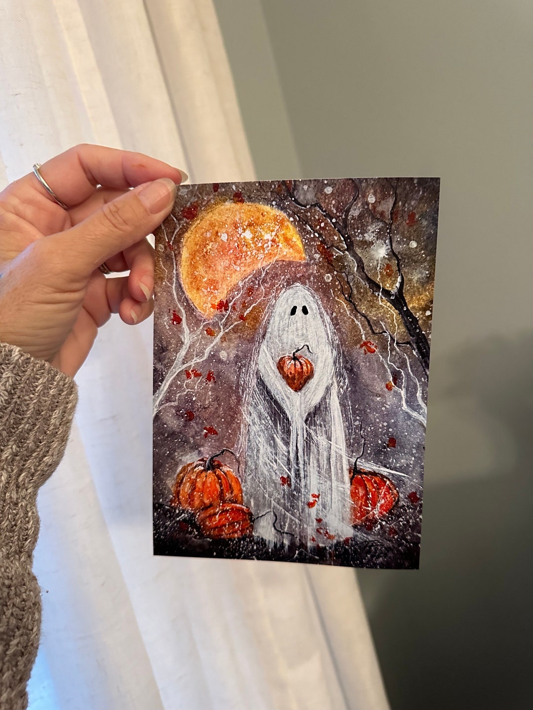 Giclee Fine Art Print From My Painting Moon Ghost Halloween Spooky 5x7 ...