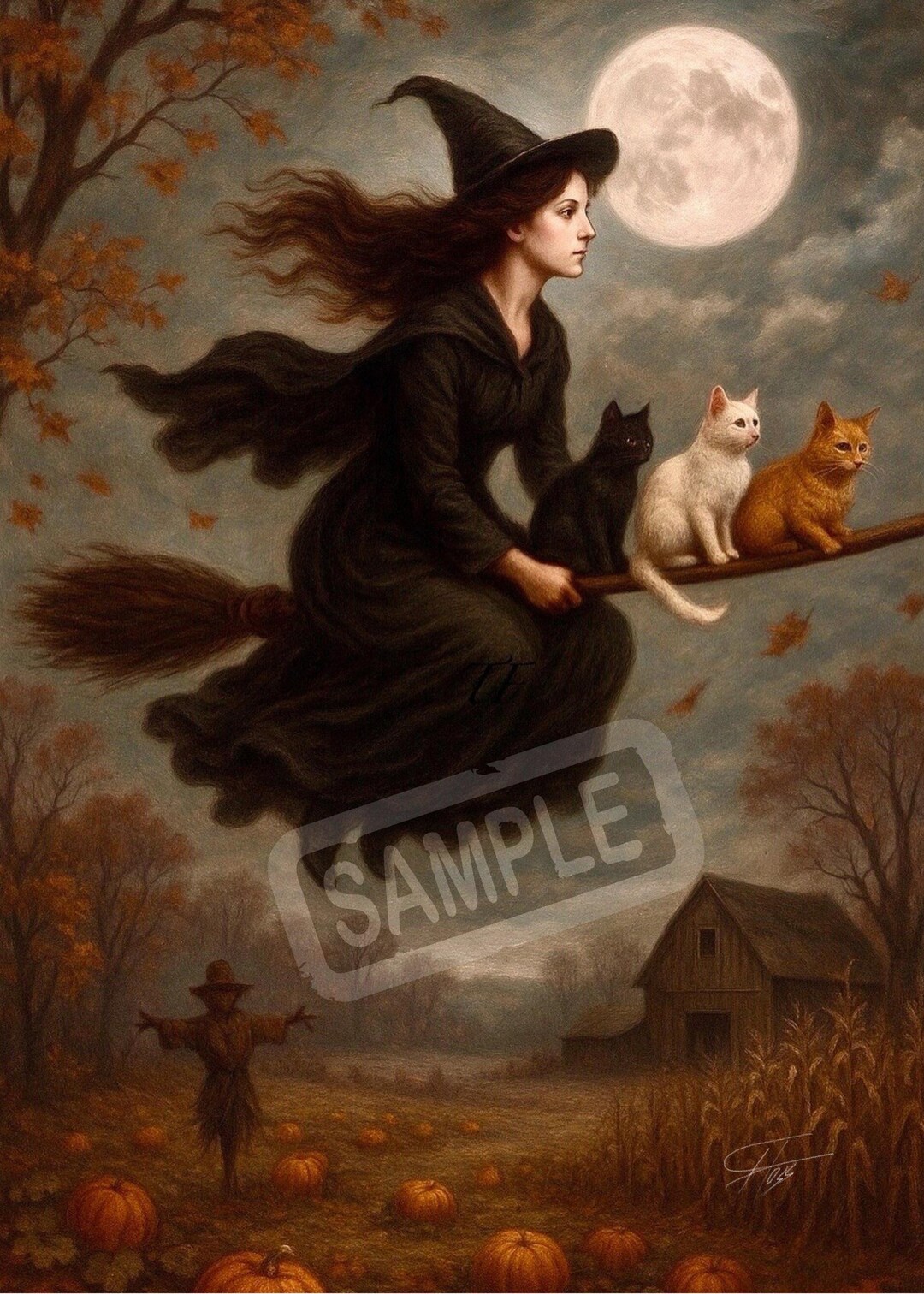 Flying Witch Broomstick Cat Halloween Samhain Moon Terri Foss Printable ...