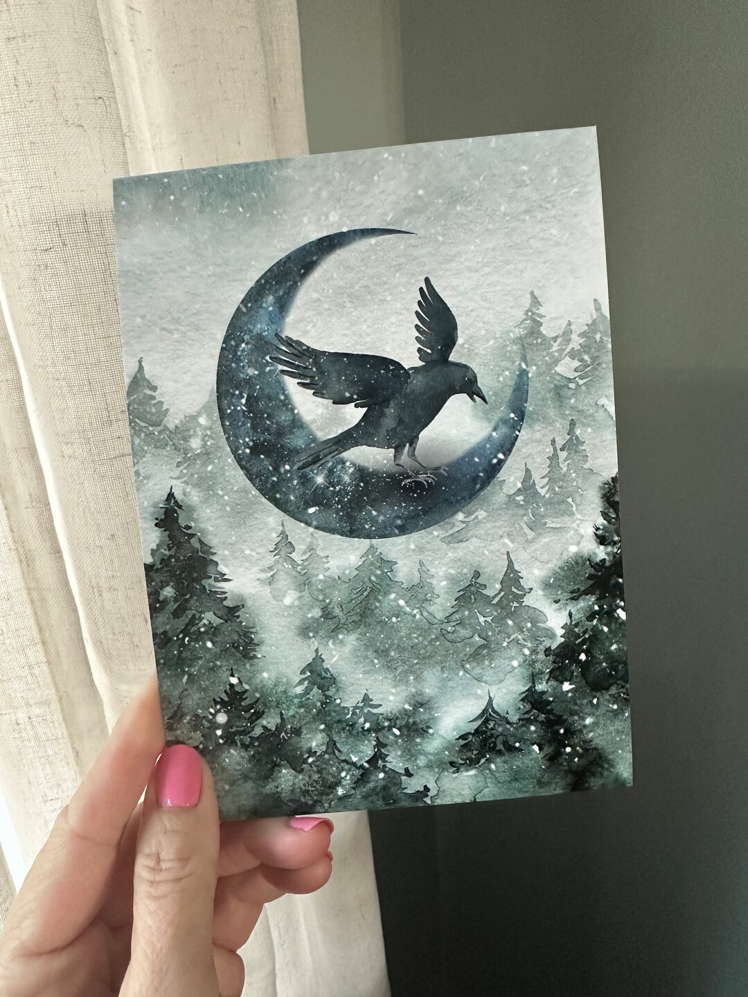 Giclee Fine Art Print Pines Raven Crow Black Bird Winter Christmas Yule ...