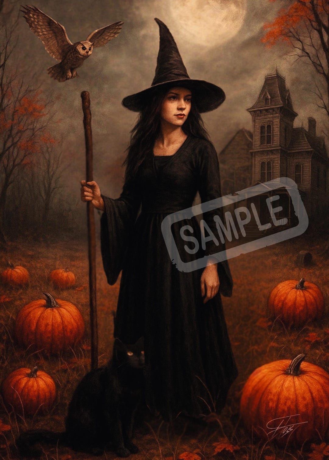 Witch Black Cats Cat Owl Victorian House Halloween Pumpkins Samhain ...