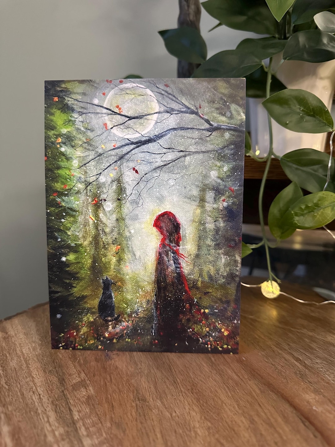 Art Print Terri Ann Foss Red Cloaked Witch Moon Black Cat Autumn Fall ...