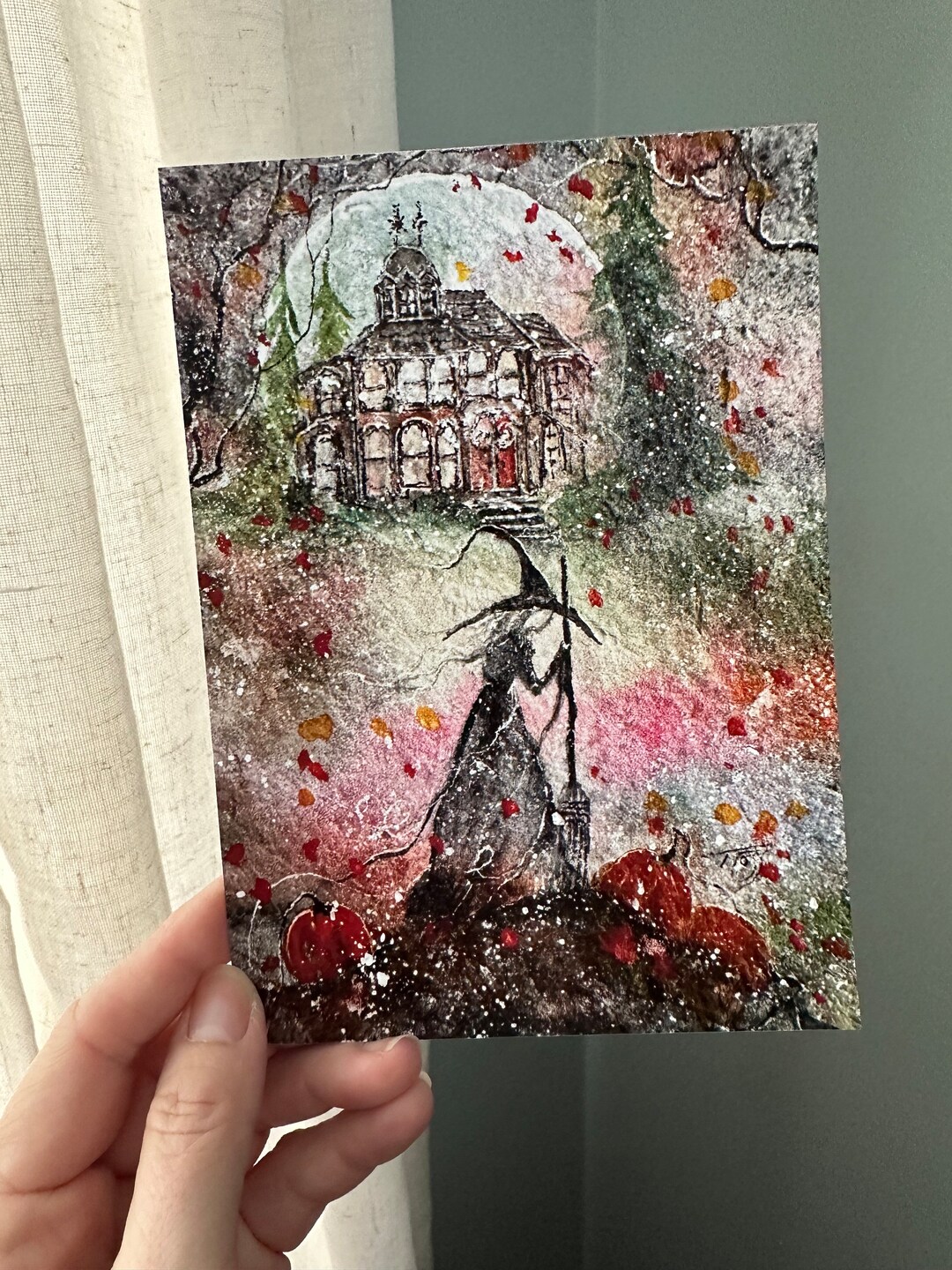Giclee Fine Art Print From My Painting Moon Witch Cat Pumpkin Autumn ...