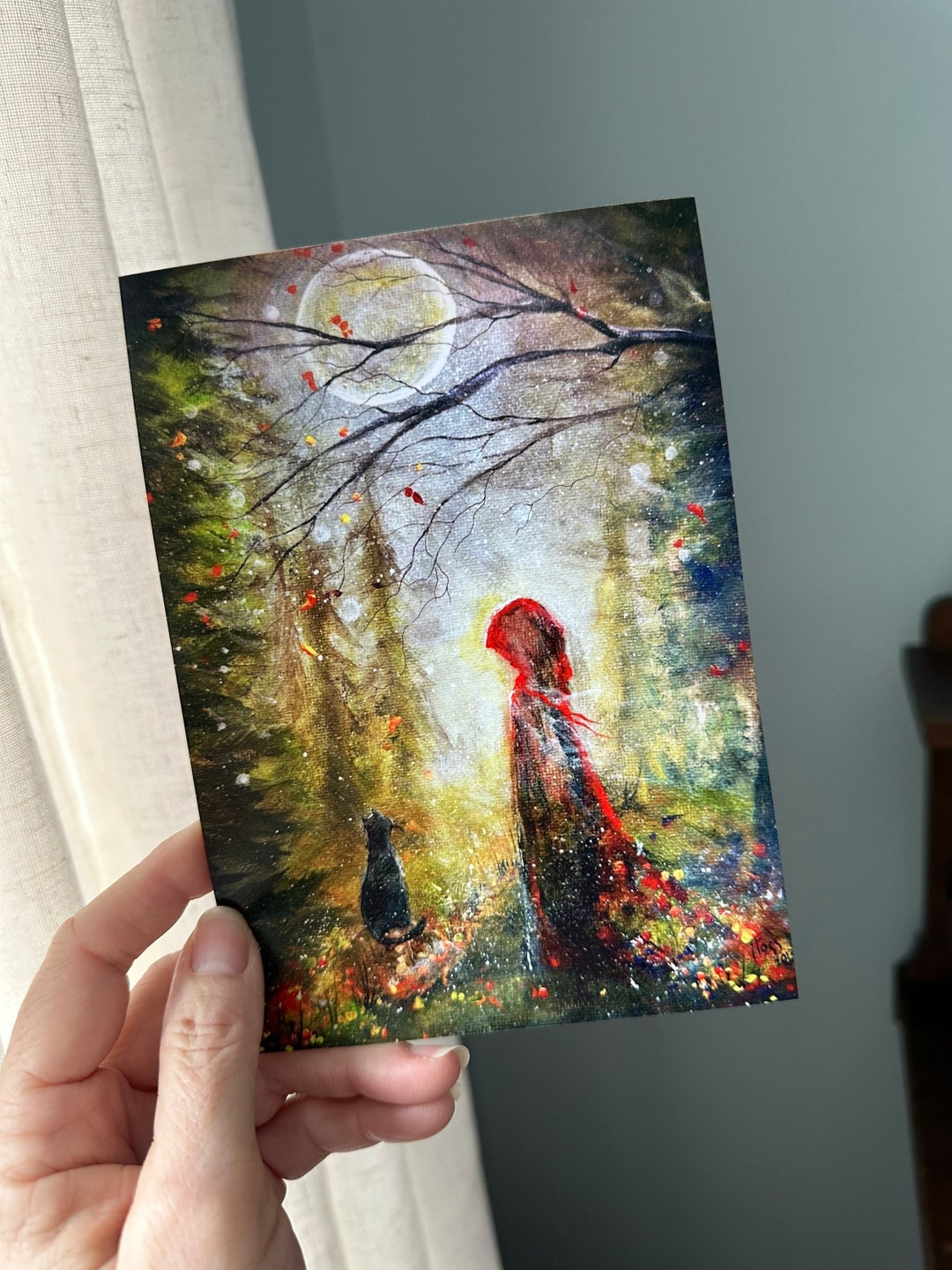 Giclee Fine Art Print From My Painting Moon Witch Cat Red Cloak Goddess ...